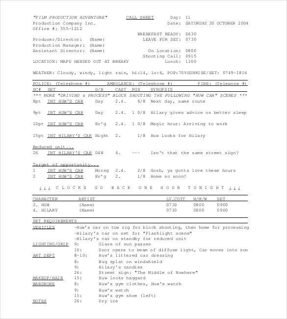 Call Sheet Template - 25+ Free Word, PDF Documents Download!