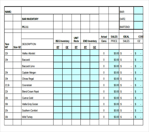 Bar Inventory Templates Free HQ Printable Documents