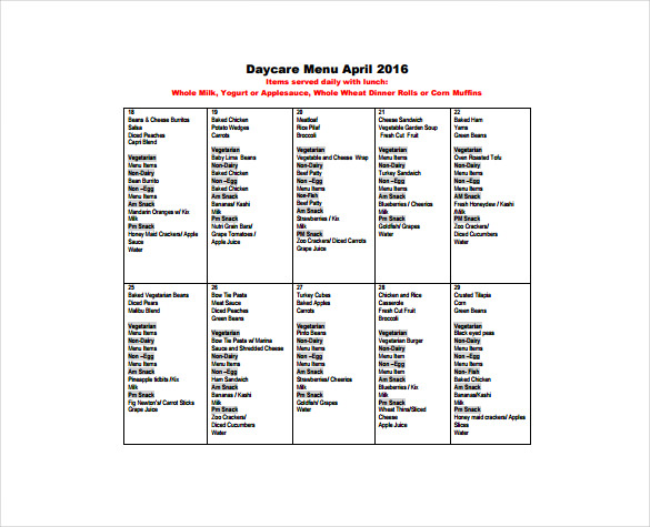 Daycare Menu - 14+ Free Templates in Word, PSD, AI