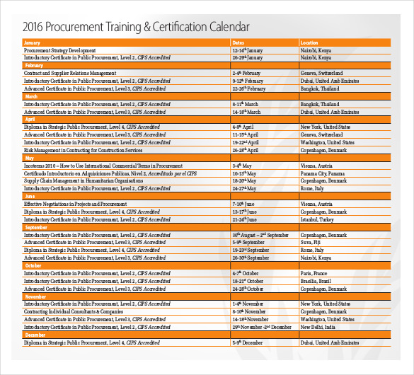 Training Calendar Template - 42+ Word, PDF, PSD Documents Download