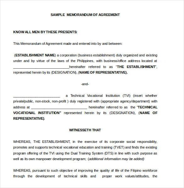 16 Memorandum Of Agreement Templates PDF DOC