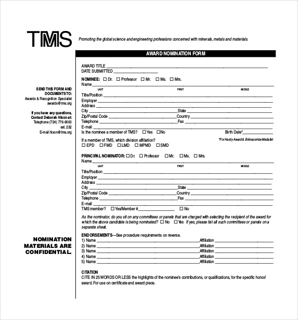 Award Nomination Form Template 12 Free Word PDF Documents Download
