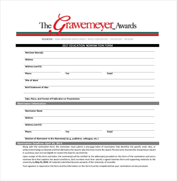 Award Nomination Form Template 12 Free Word PDF Documents Download