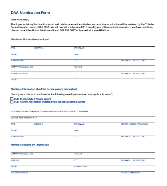 Award Nomination Form Template 12 Free Word PDF Documents Download