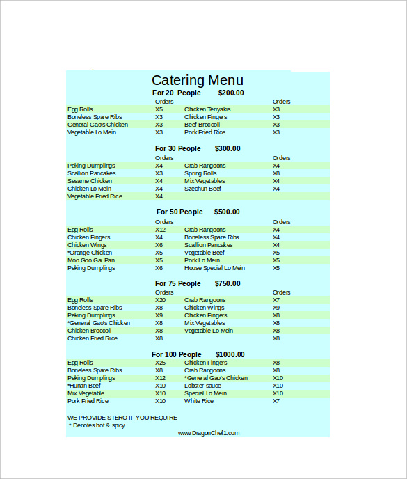 Sample Catering Menu Templates
