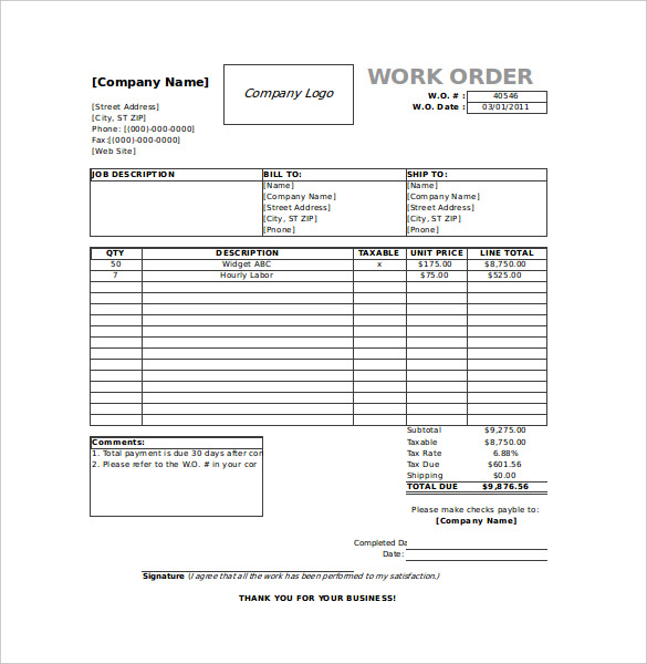Work Order Template Word Database