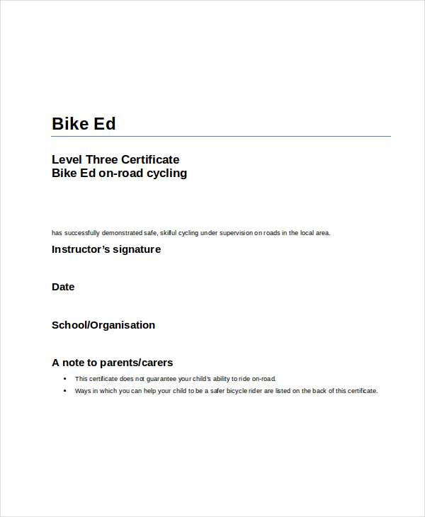 Bike Riding Certificate Template - 8+ Word, PDF, AI, InDesign Documents ...