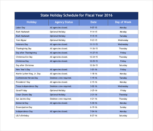 Holiday Schedule Template - 20+ Free Sample, Example Documents Download!