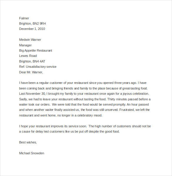 Restaurant And Hotel Complaint Letter 12 Word PDF Documents Download