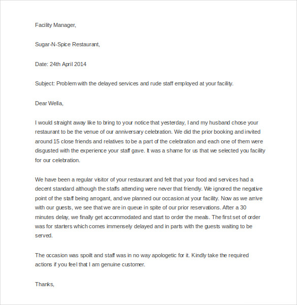 Restaurant and Hotel Complaint Letter – 12+ Word, PDF Documents Download