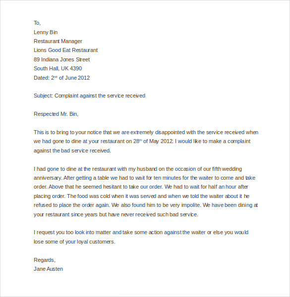 13+ Restaurant and Hotel Complaint Letter Templates - PDF, DOC