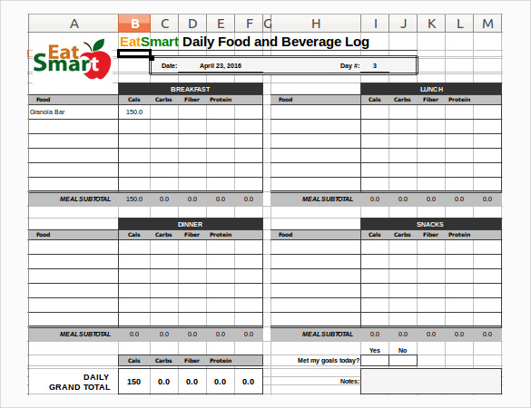 33 Food Log Templates DOC PDF Excel