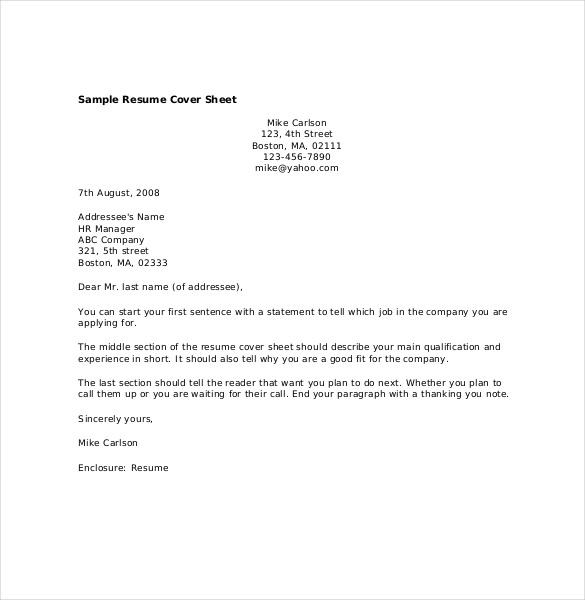 12 Resume Cover Sheet Templates Free Sample Example Format Download