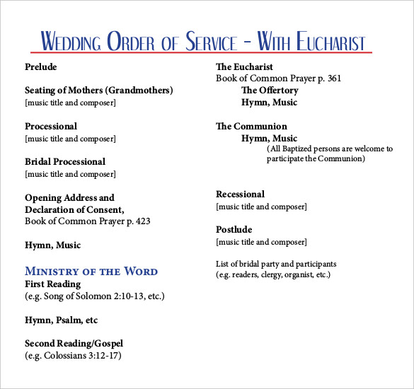 16+ Wedding Order of Service Templates in MS Excel, MS Word, Numbers ...