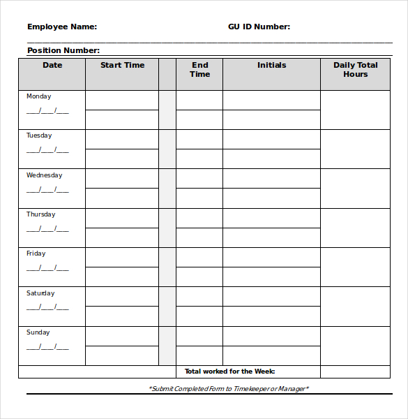 Hourly Time Sheet Printable
