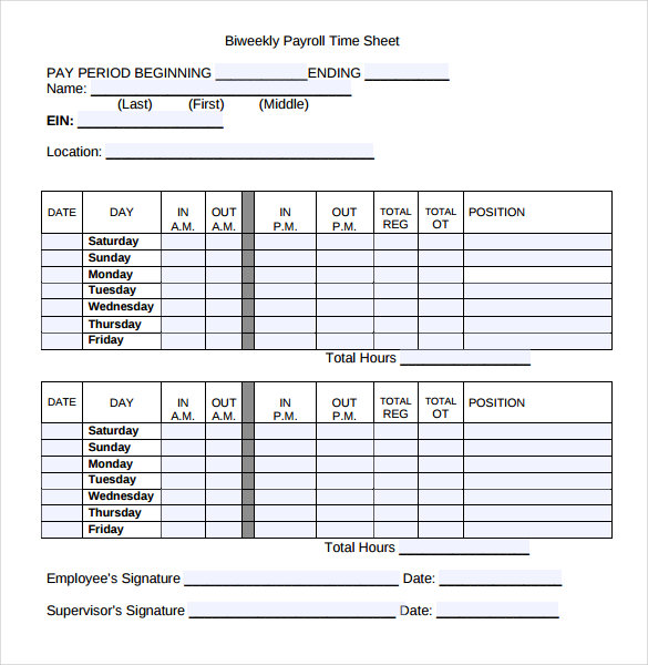 Payroll Weekly Timesheet Template PDF Template