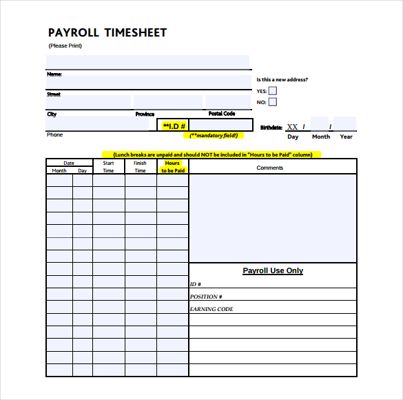 Payroll Timesheet Template | Free Payslip Templates