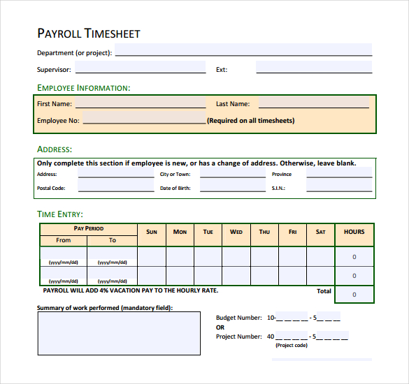 Payroll Timesheet Template | Free Payslip Templates