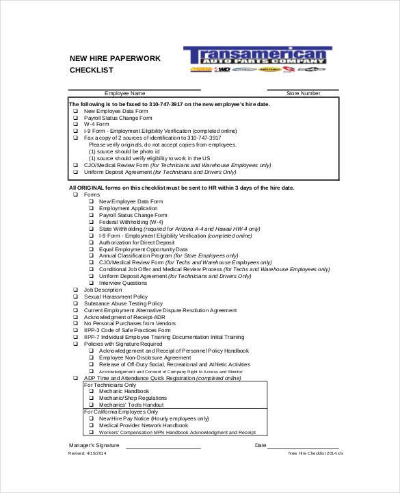 New Hire Checklist Template - 18+ Free Word, Excel, PDF Documents Download!