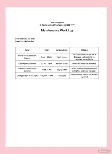 Maintenance Log Template - 17+ Word, Excel, PDF Documents!