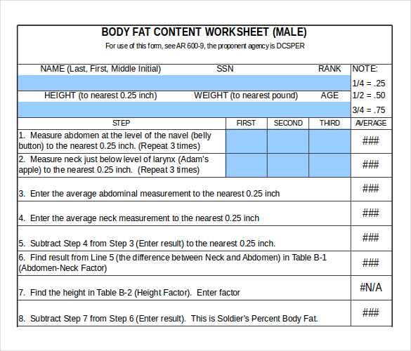 Body Fat Chart Templates – 6+ Free Excel, PDF Documents Download