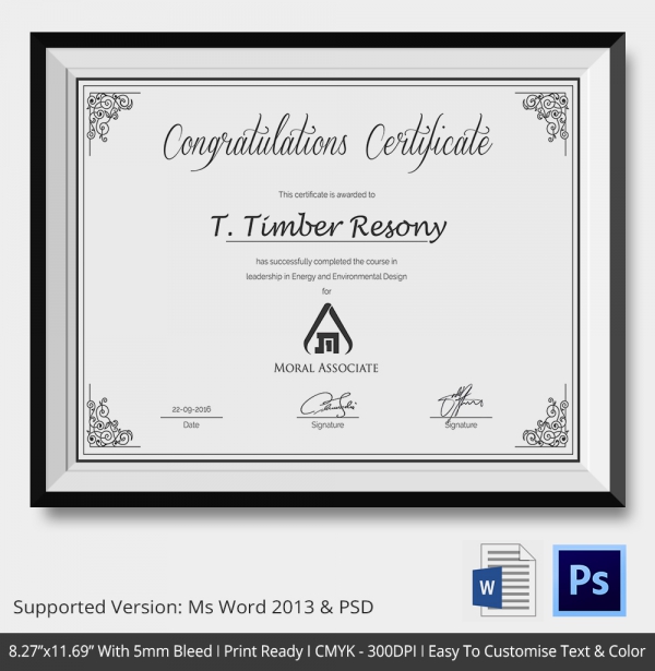 Congratulations Certificate Template - 10+ Word, PSD, Documents Download