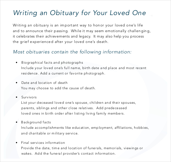 11 Obituary Writing Template Free Sample Example Format Download 11 Obituary Writing Template Free Sample Example Format Download