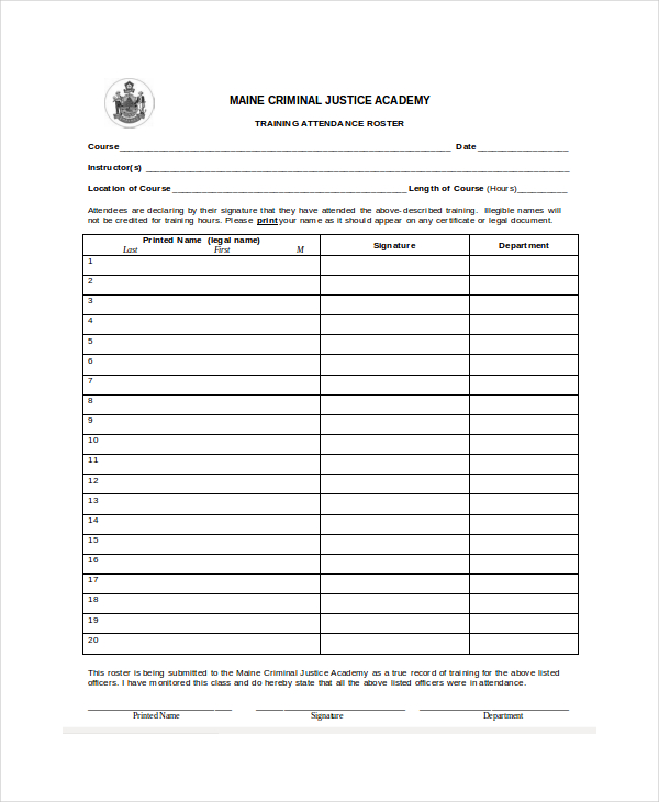 Attendance Roster Template 7 Free Word PDF Documents Download