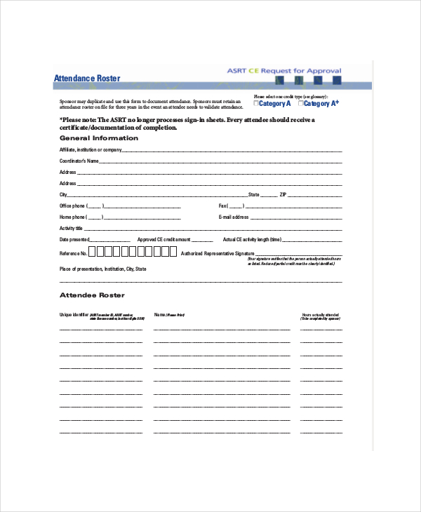 Attendance Roster Template - 7+ Free Word, PDF Documents Download