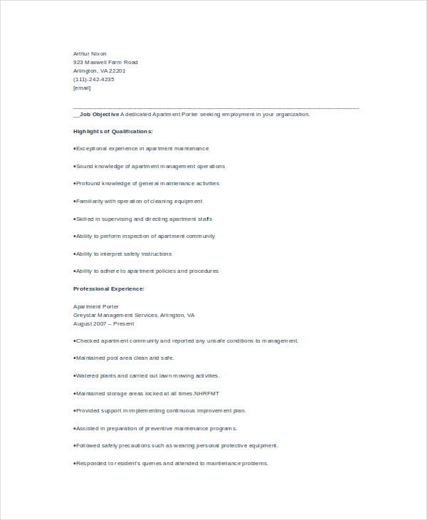 Porter Resume Template - 6+ Free Word, PDF Documents Download