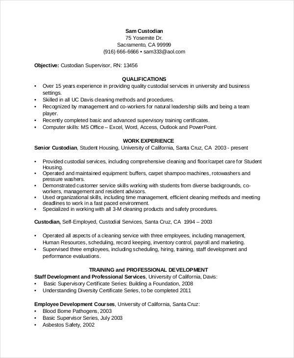 Custodian Resume Template - 6+ Free Word, PDF Documents Download