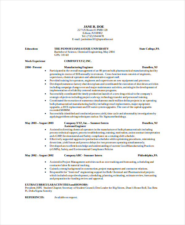 Chemical Engineer Resume Template - 9+ Word, PDF Documents Download