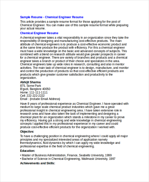 Chemical Engineer Resume Template - 9+ Word, PDF Documents Download