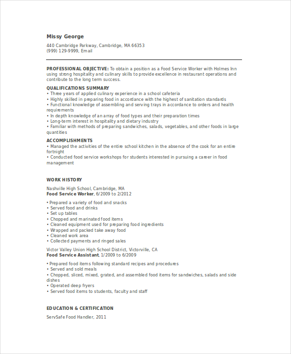 6+ Food Service Resume Templates - PDF, DOC