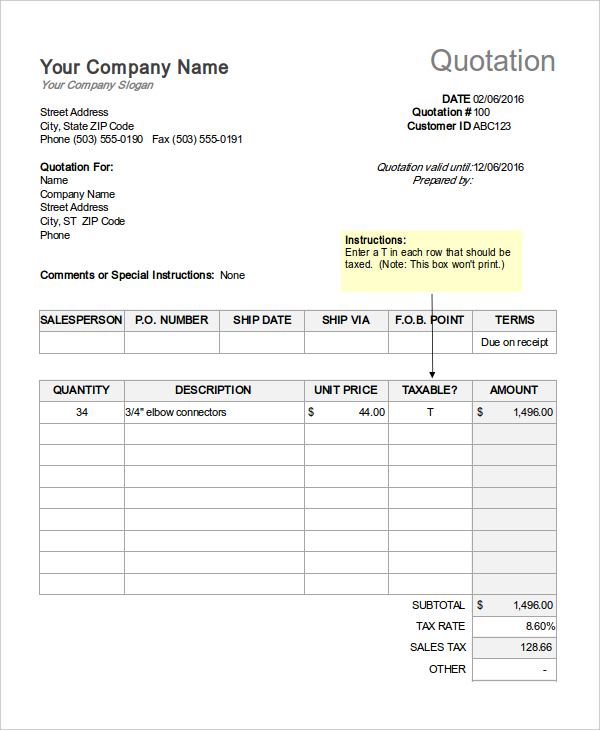 Price Quotation Letter Sample Format