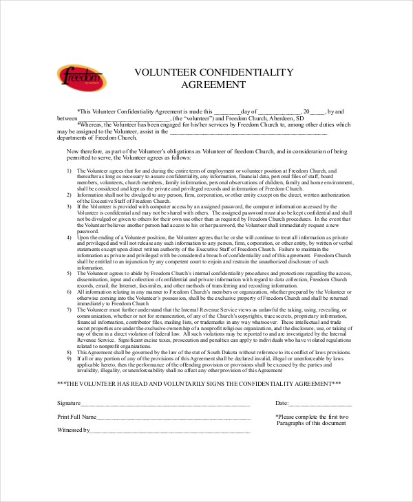 10+ Church Confidentiality Agreement Templates - DOC, PDF