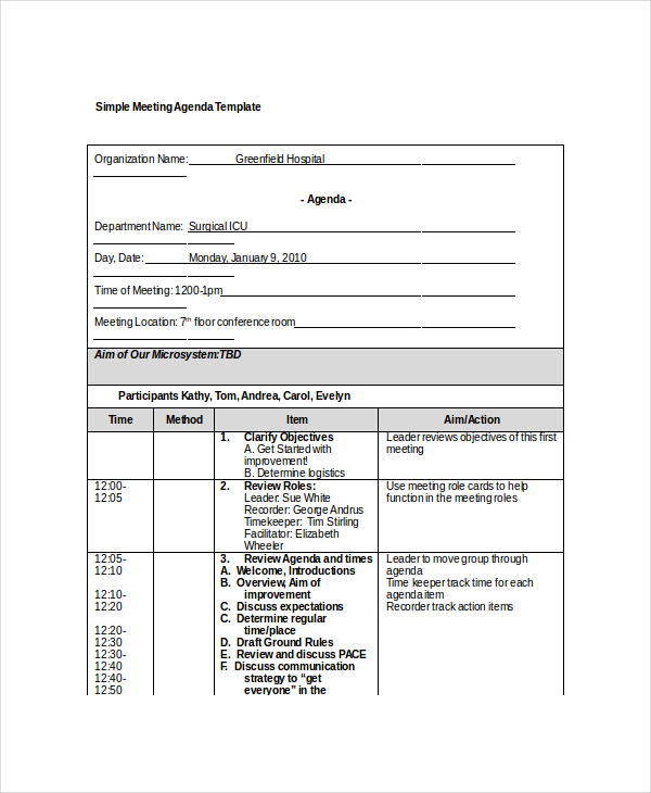 Simple Meeting Agenda Template Business Design Layout Templates