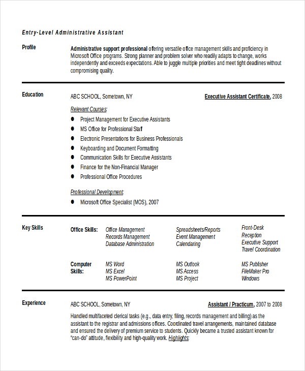 Entry Level Administrative Assistant Resume – 7+ Free PDF Documents Download