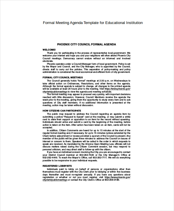 9+ Formal Meeting Agenda Templates - PDF, DOC