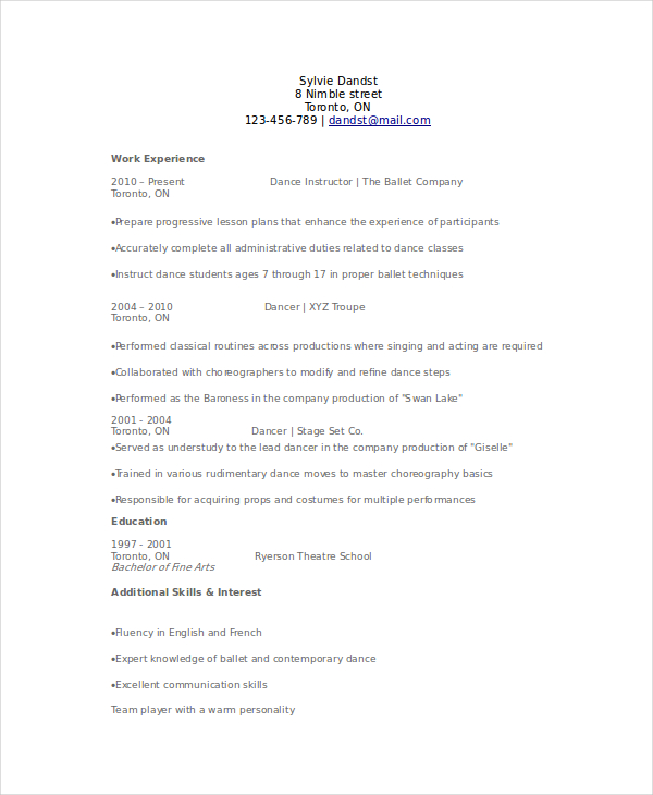 Dancer Resume Template - 6+ Free Word, PDF Documents Download