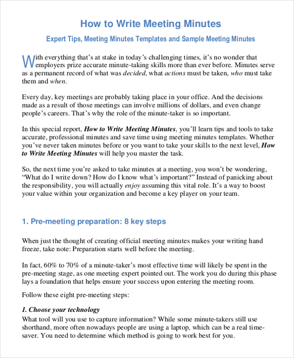 Minutes Writing Template - 9+ Free Word, PDF Documents Download