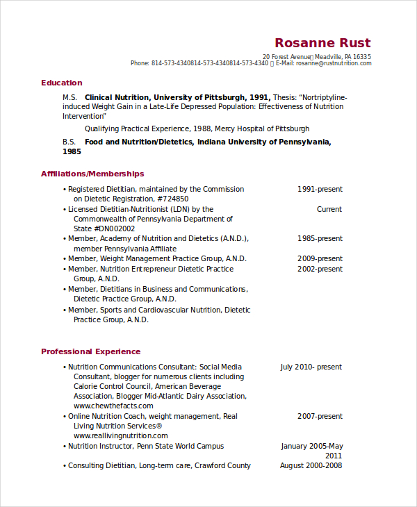 10+ Nutritionist Resume Templates - PDF, DOC