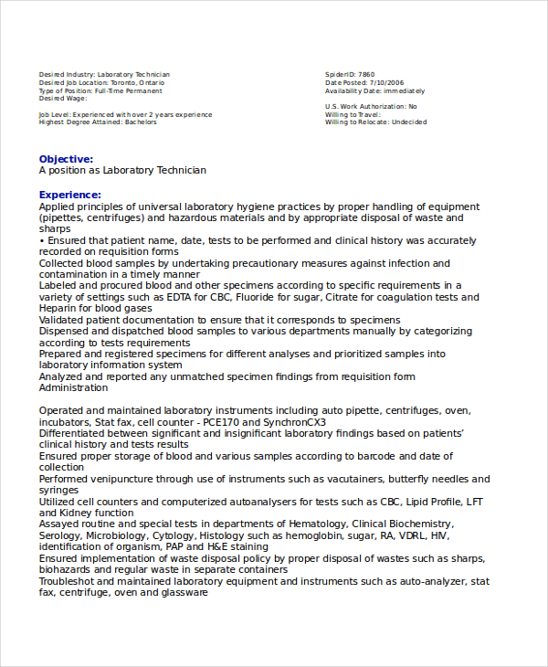 Lab Technician Resume Template - 15+ Free Word, PDF Document Downloads