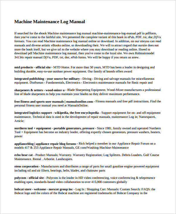Maintenance Log Template - 17+ Word, Excel, PDF Documents!