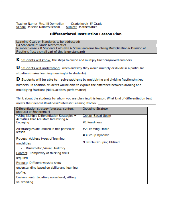 Differentiated Instruction Template - 7+ Free Word, PDF Document Downloads
