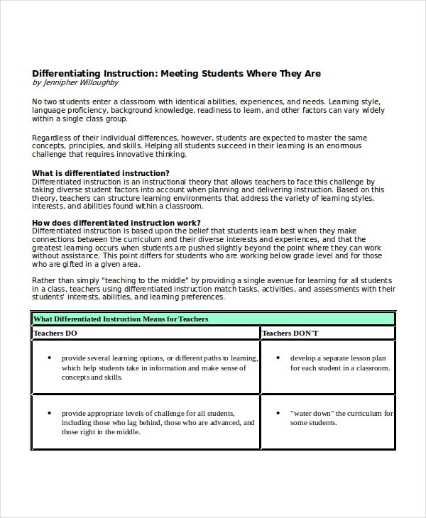 Differentiated Instruction Template - 7+ Free Word, PDF Document Downloads