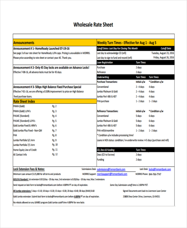 Rate Sheet Template Free Sheet Templates