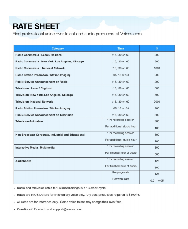 Rate Sheet Template Excel Free Samples Examples Format Resume Curruculum Vitae Free 