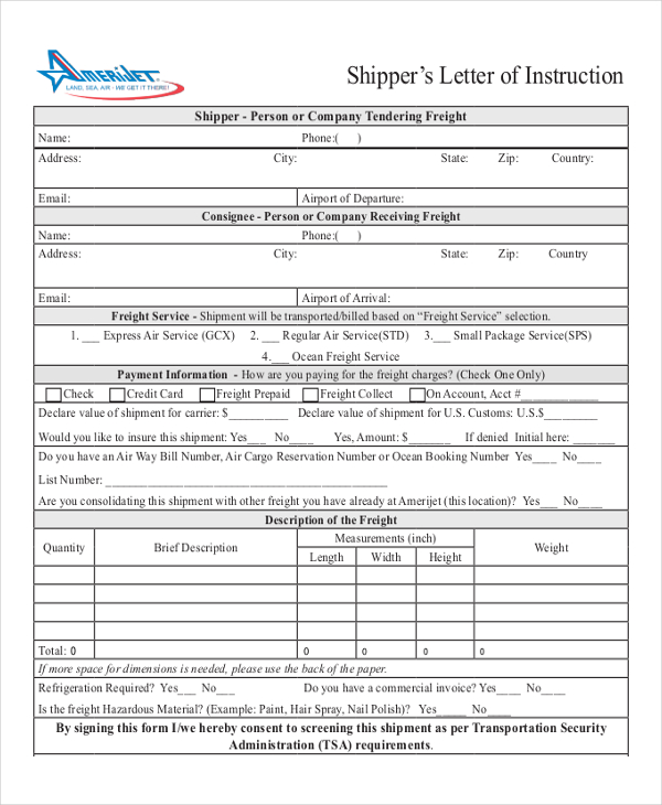Shipper s Letter Of Instruction Template LaurenceJudah
