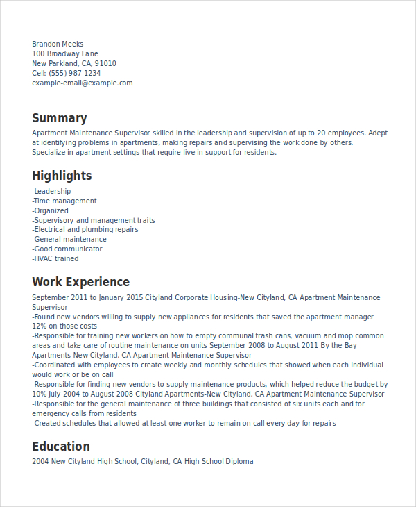 Curriculum Vitae For Supervisor Position